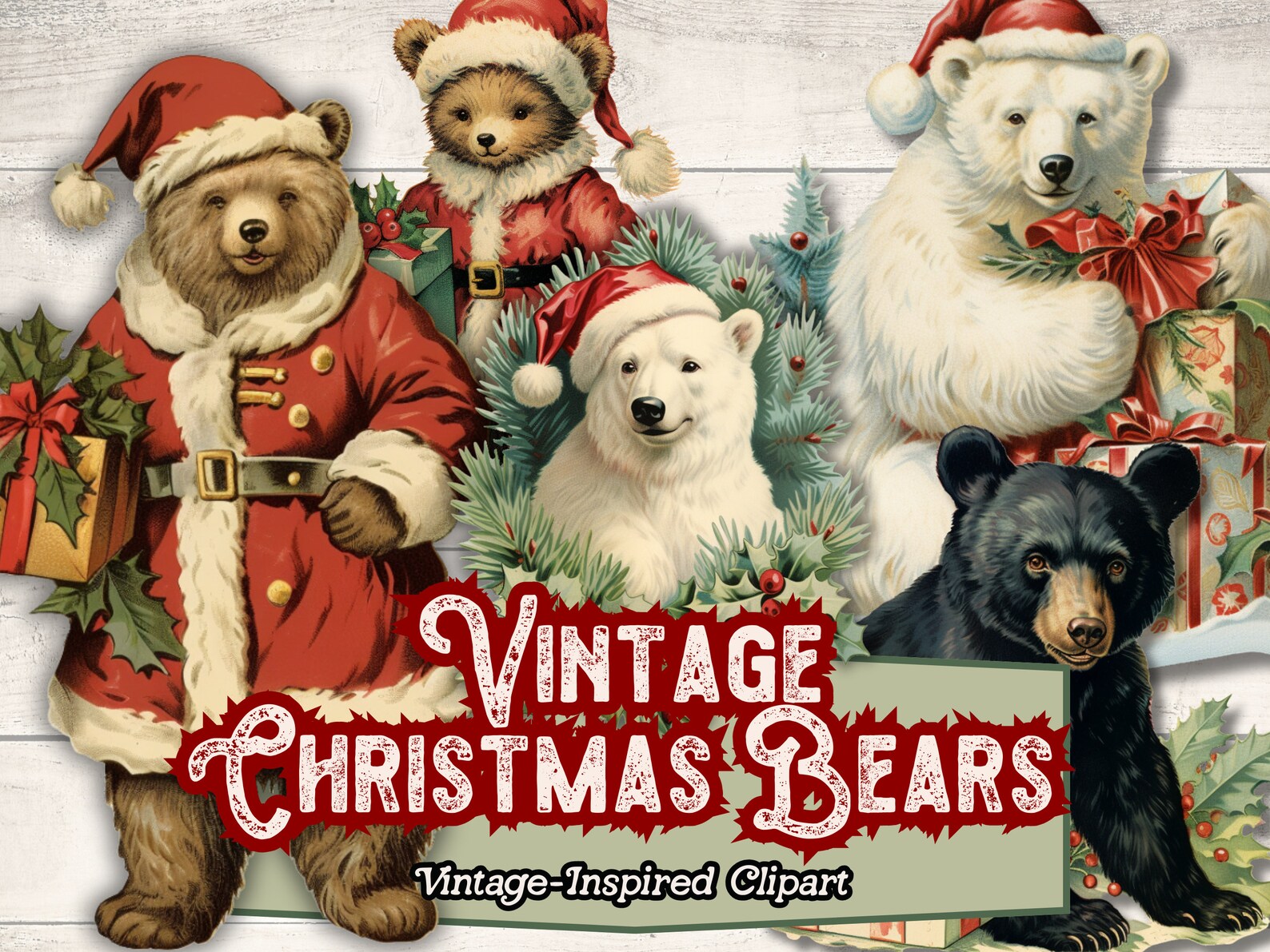 Christmas Bear Clipart, Teddy Bear PNG, Vintage Christmas Clipart, Cute ...