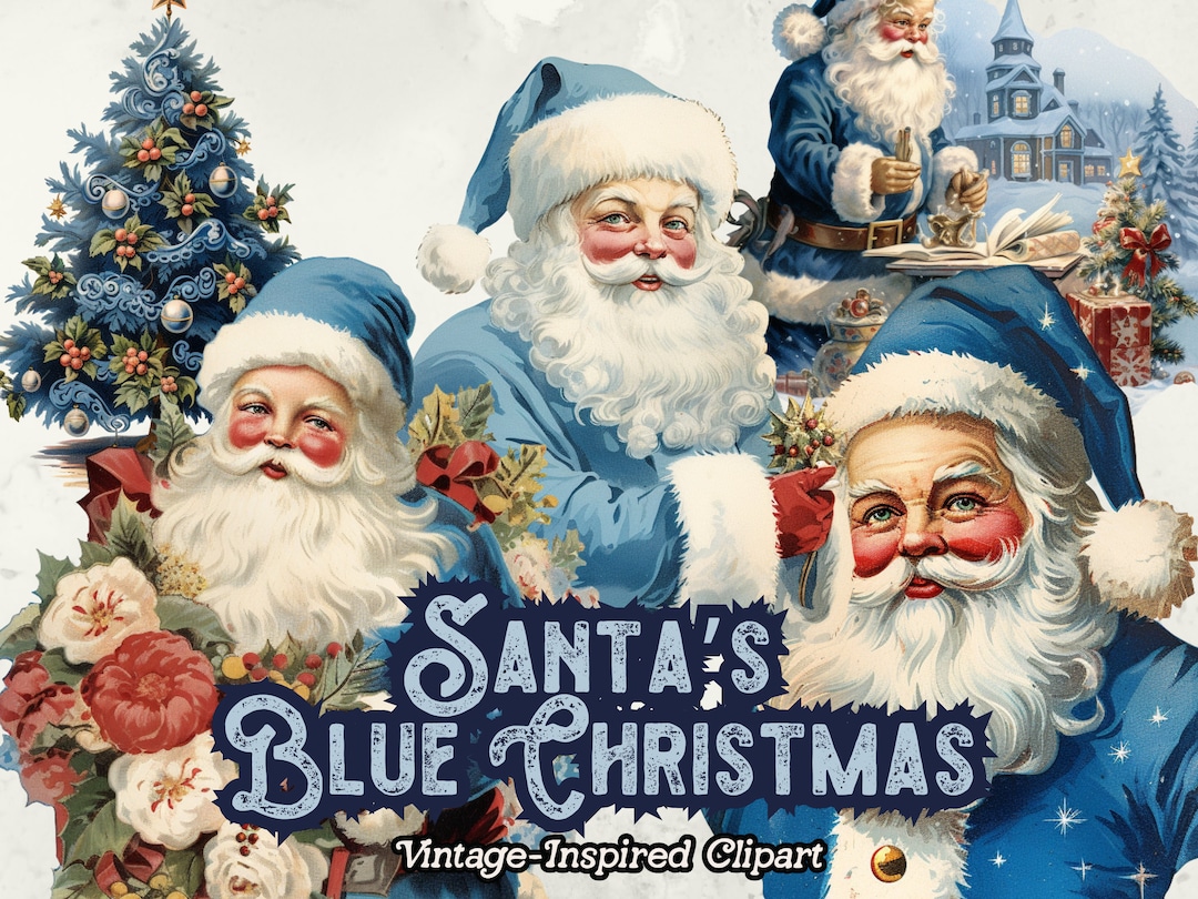Blue Christmas Clipart, Vintage Blue Santa Christmas PNG, Blue Winter ...