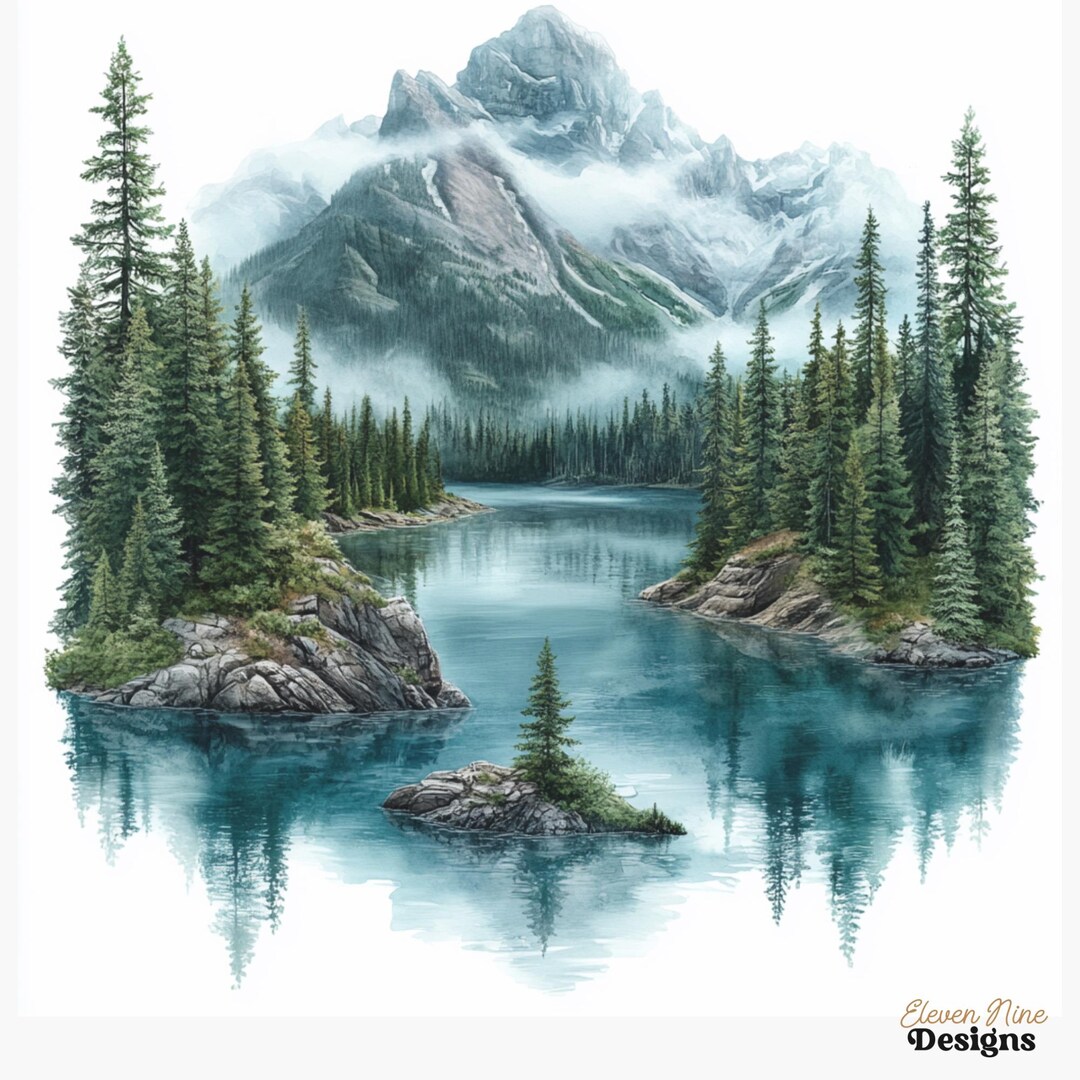 Watercolor Lake Landscape Clipart, Mountain Forest Scenery JPG ...
