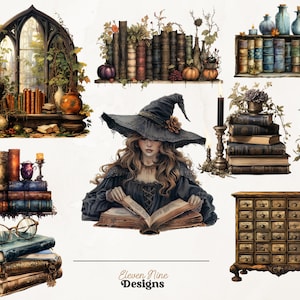 Witch Clipart Bundle, Library Clipart, Book PNG, Haunted Gothic ...