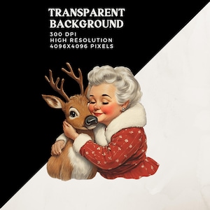 Mrs Claus With Reindeer Clipart, Cute Retro Mrs Claus Clipart, Vintage ...