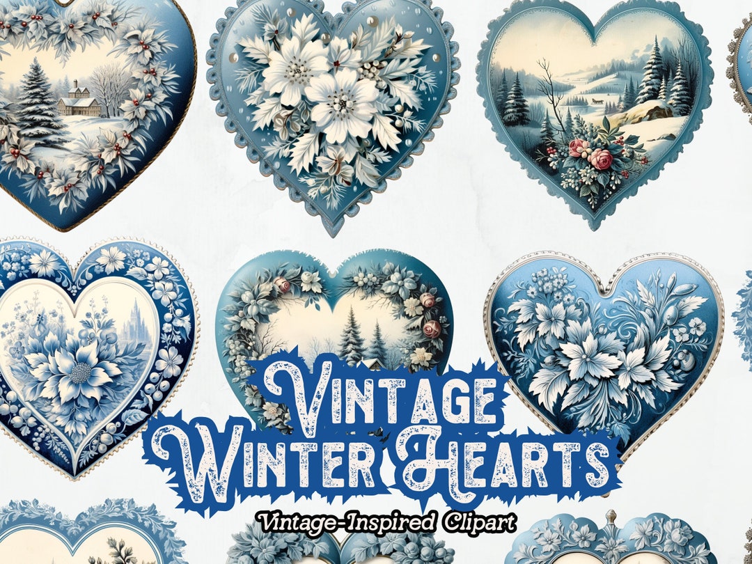 Hearts Clipart PNG, Winter Floral Heart Clipart, Vintage Victorian ...