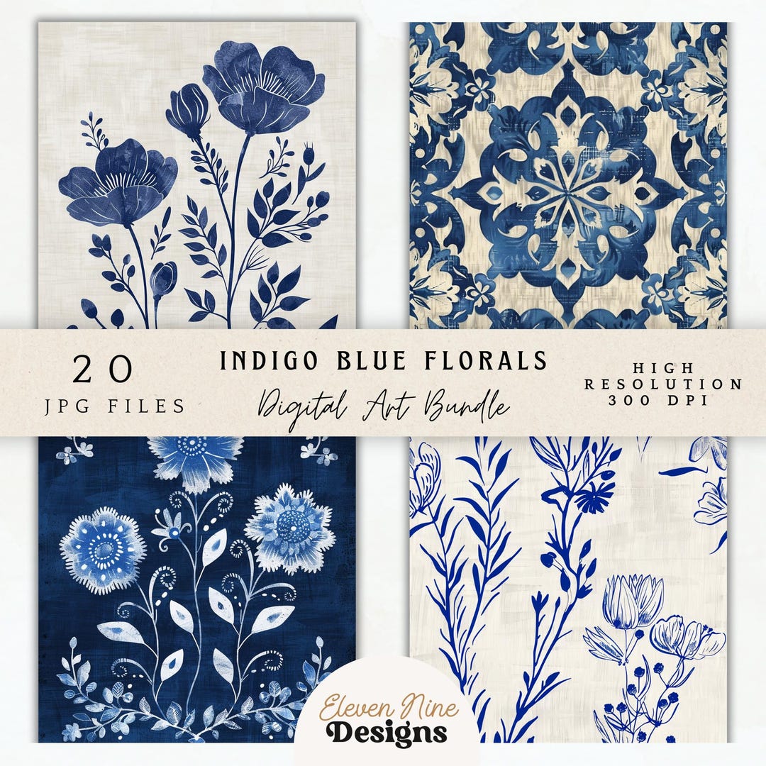 Indigo Blue Floral Art Prints: Boho Botanical Illustrations (digital ...