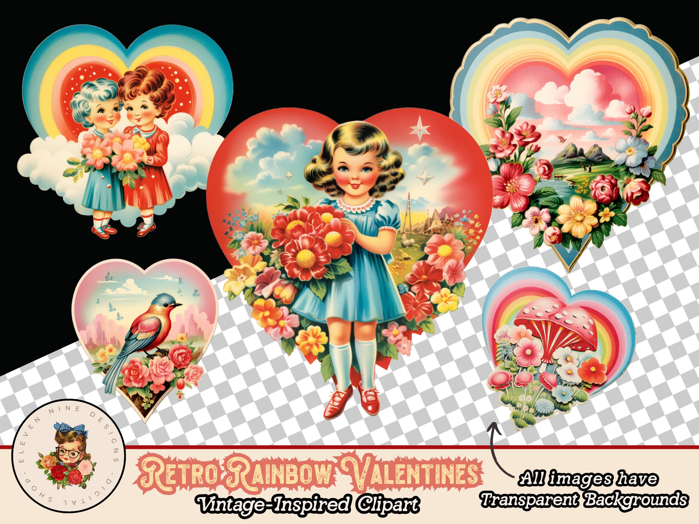 Retro Rainbow Valentines Clipart, Heart Illustrations (PNG, Digital ...