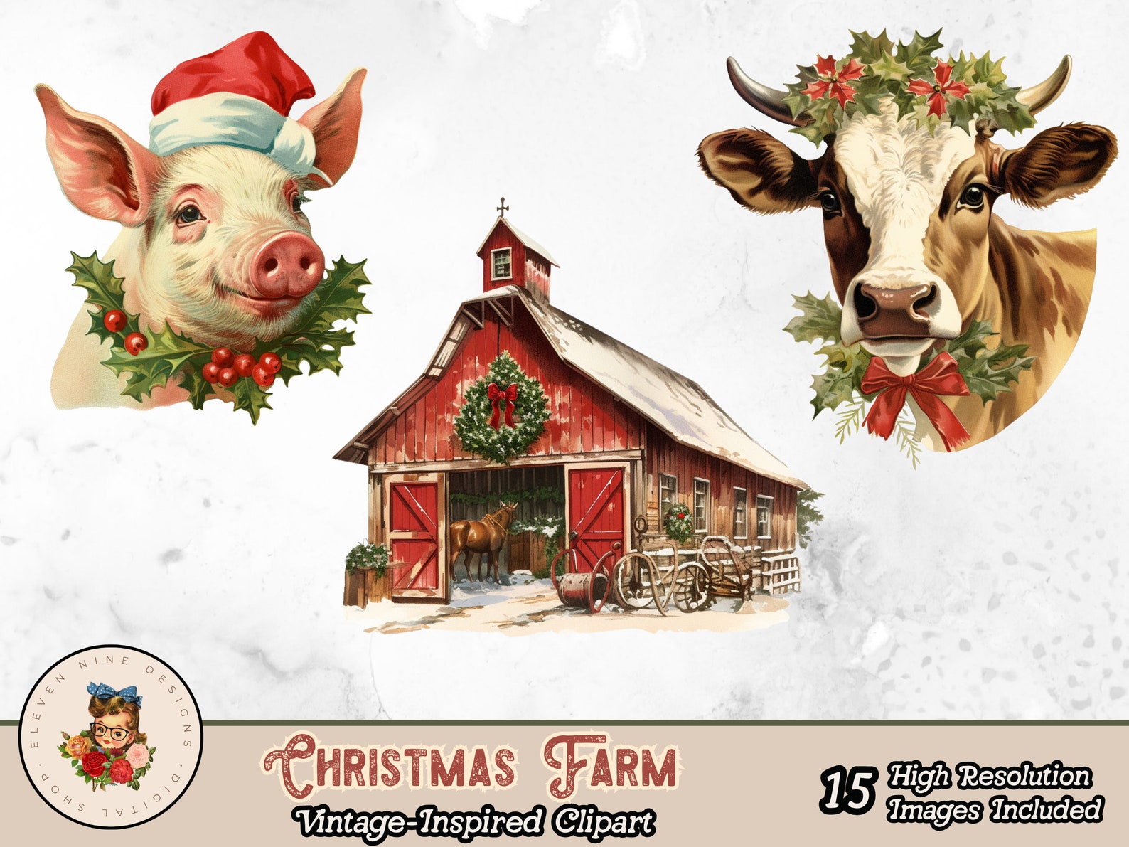 Vintage Christmas Farm Clipart, Christmas Farm Animal PNG, Farmhouse ...