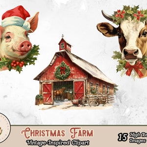 Vintage Christmas Farm Clipart, Christmas Farm Animal PNG, Farmhouse ...