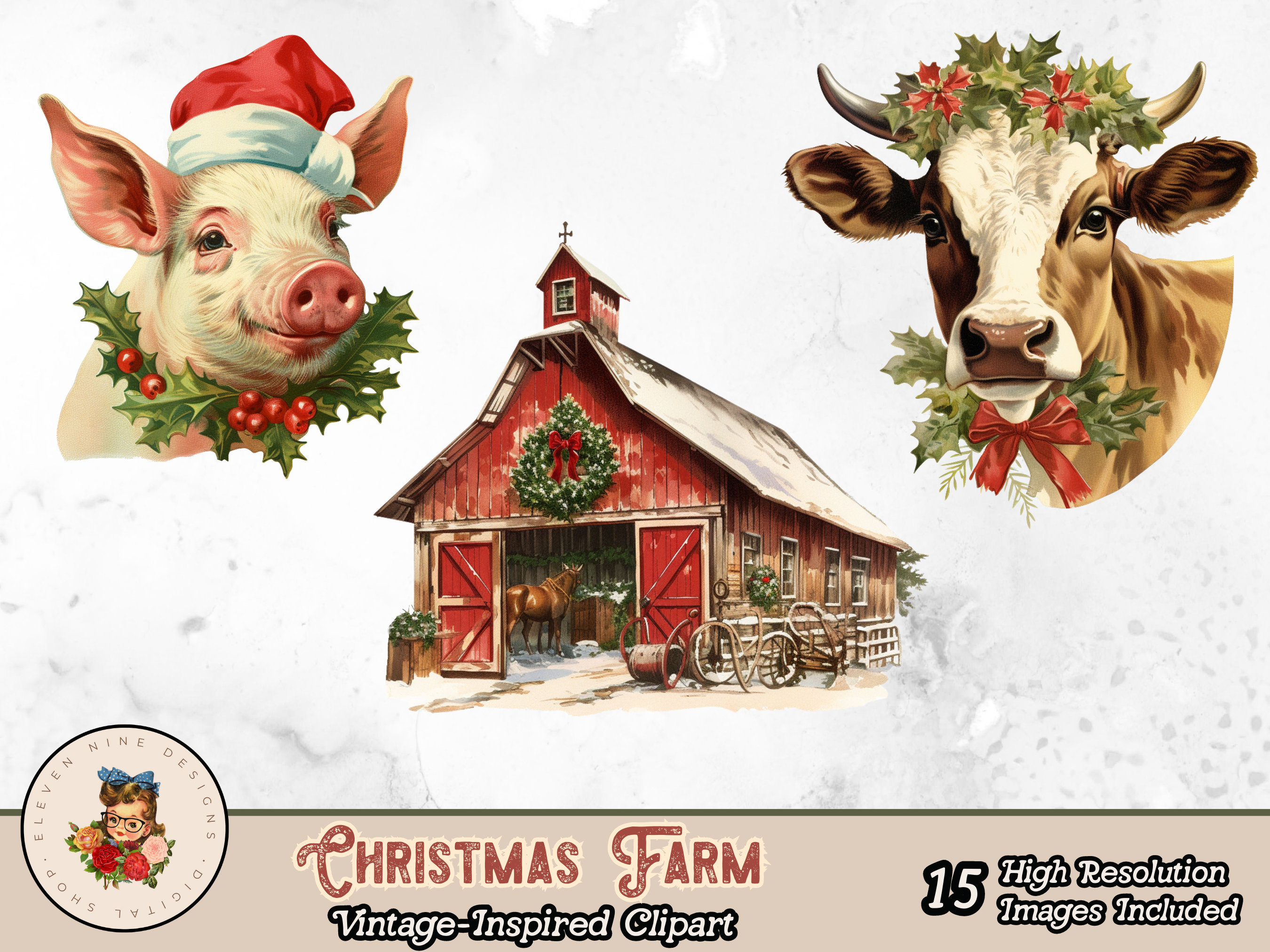Vintage Christmas Farm Clipart, Christmas Farm Animal PNG, Farmhouse ...