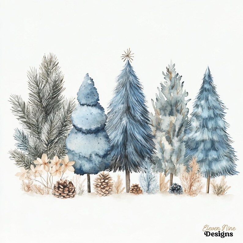Blue Winter Trees Clipart, Watercolor Blue Trees, Frosted Forest Art ...