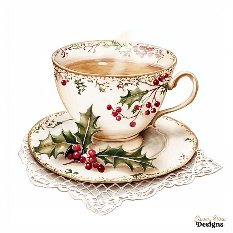 Christmas Teacup JPG Clipart, Watercolor Holiday Teacups, Vintage ...