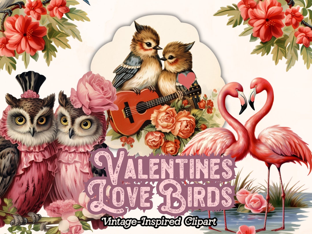 Love Birds Valentine Clipart, Vintage Valentine's Day Birds, Cute Love ...