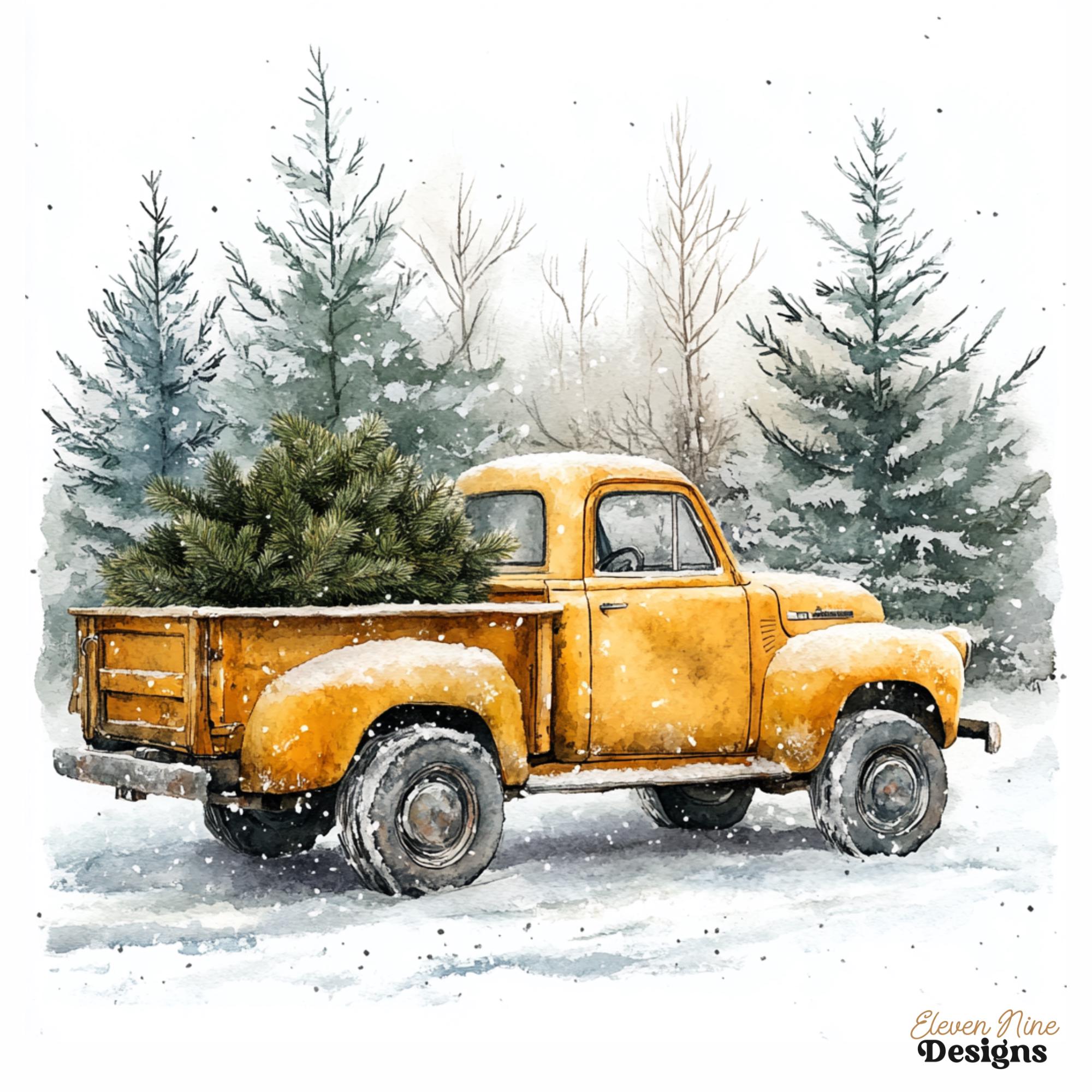Watercolor Vintage Christmas Truck Clip Art, Red Pickup With Tree ...