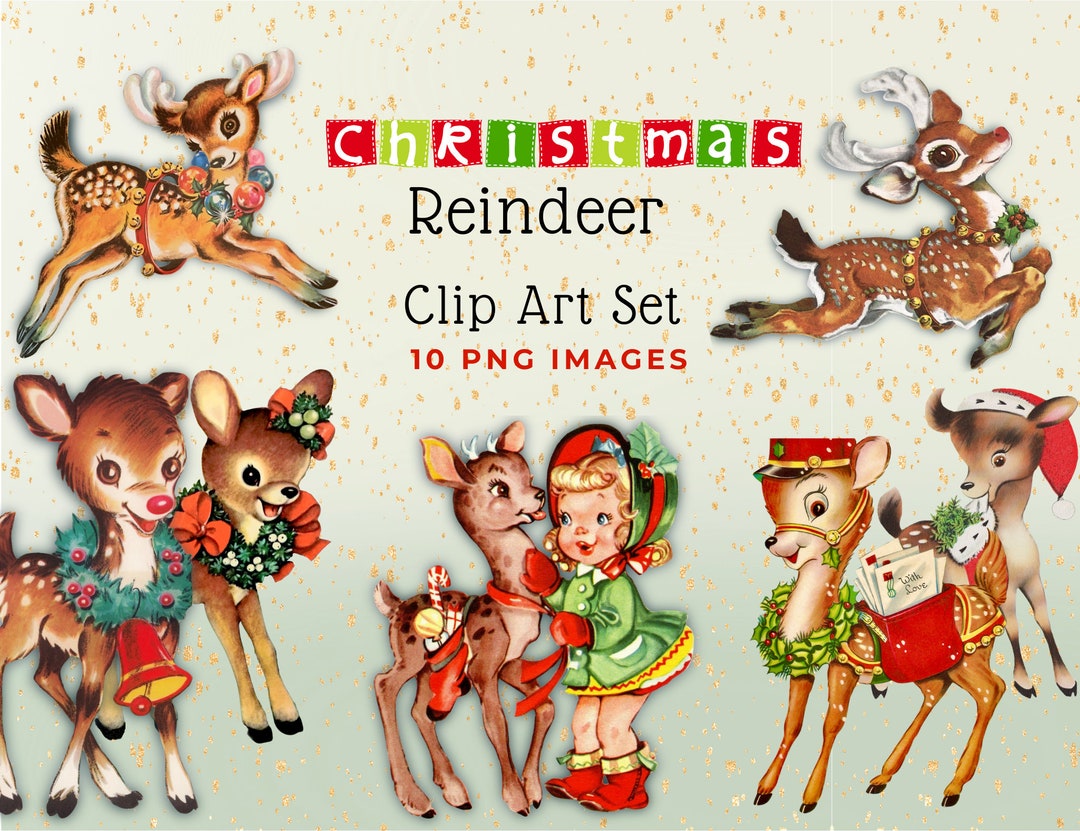 Reindeer Clipart, Christmas Clipart, Retro Vintage Christmas, Deer ...