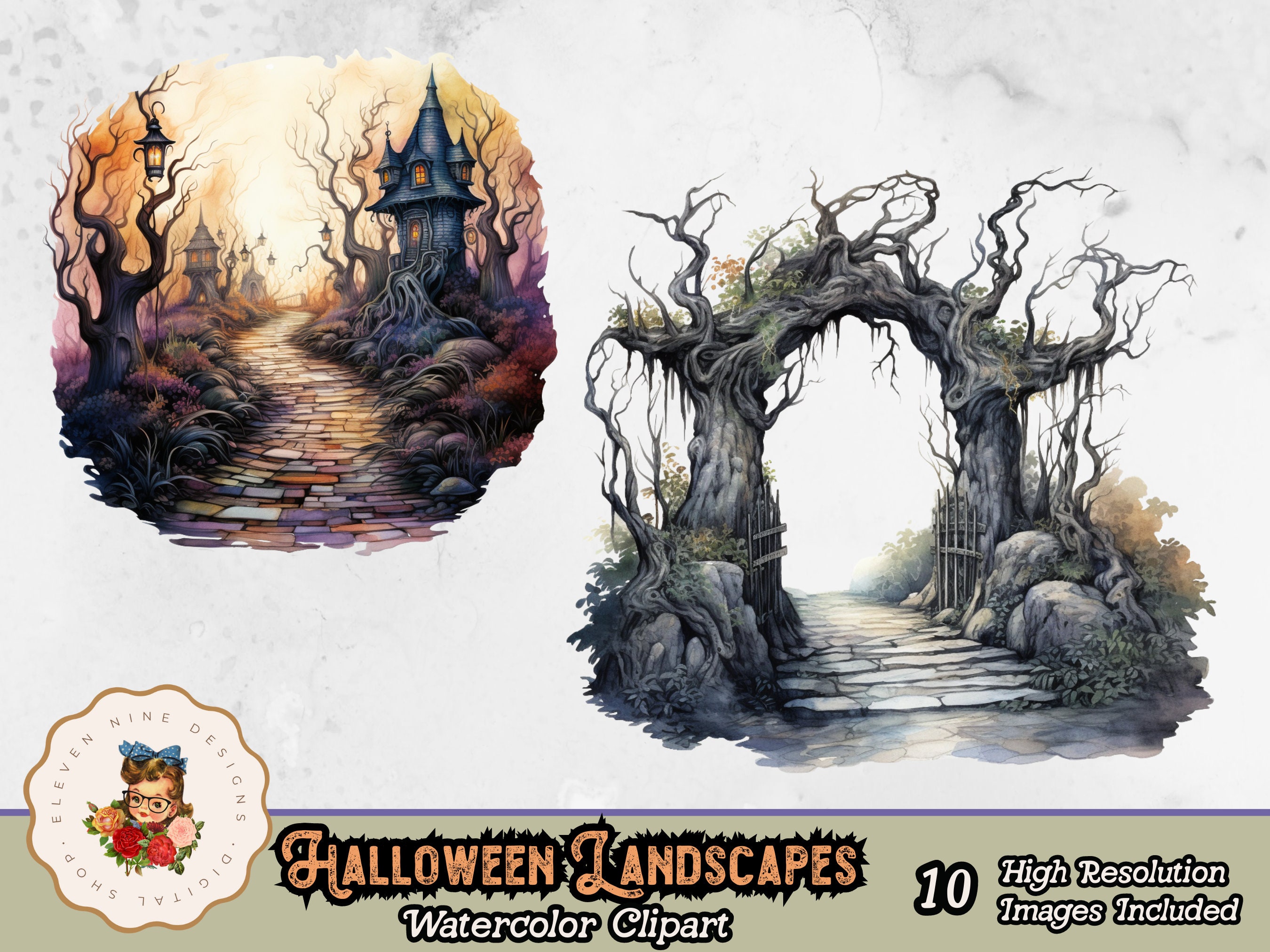 Watercolor Halloween Landscape Clipart, Halloween PNG, Commercial Use ...