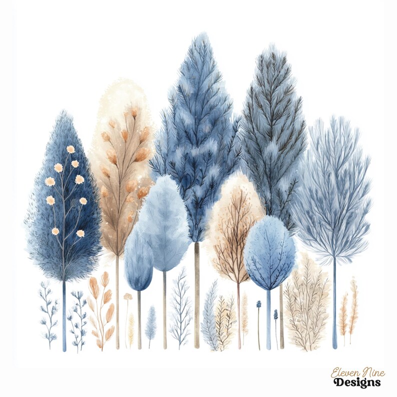 Blue Winter Trees Clipart, Watercolor Blue Trees, Frosted Forest Art ...
