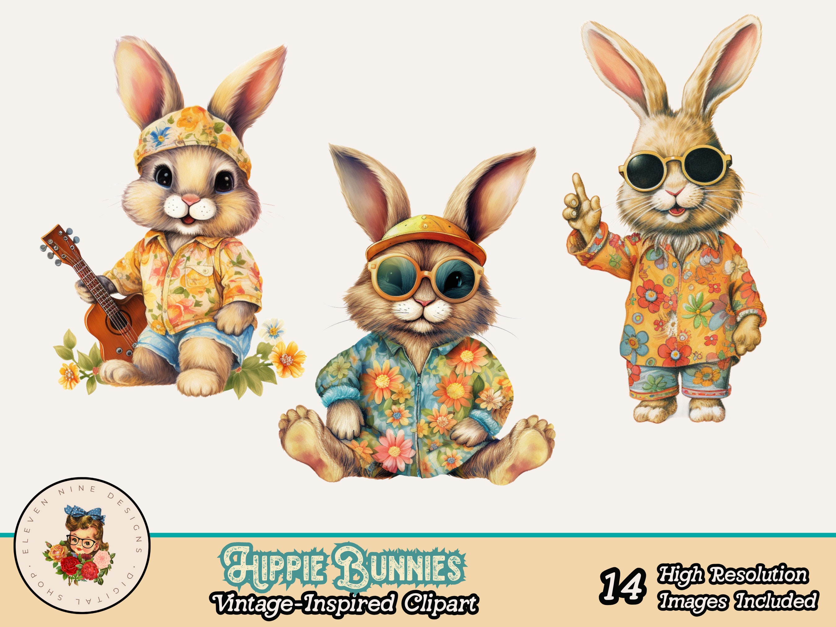 Retro Hippie Bunny Clipart, Hippie PNG, Retro 60's 70's Groovy Boho ...