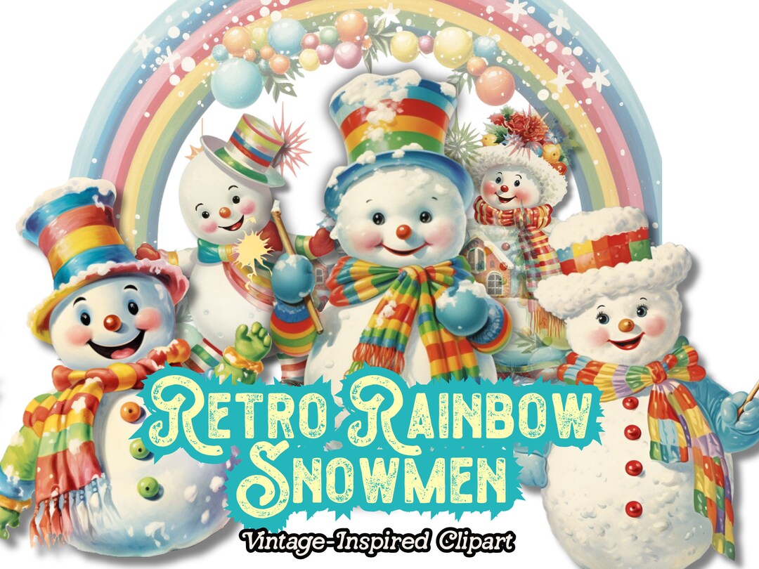 Snowmen Digital Clipart, Cute Rainbow Snowmen Clipart PNG, Retro ...