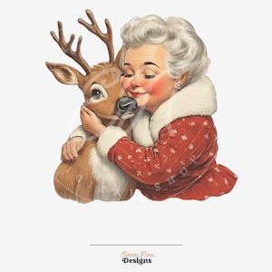 Mrs Claus With Reindeer Clipart, Cute Retro Mrs Claus Clipart, Vintage ...