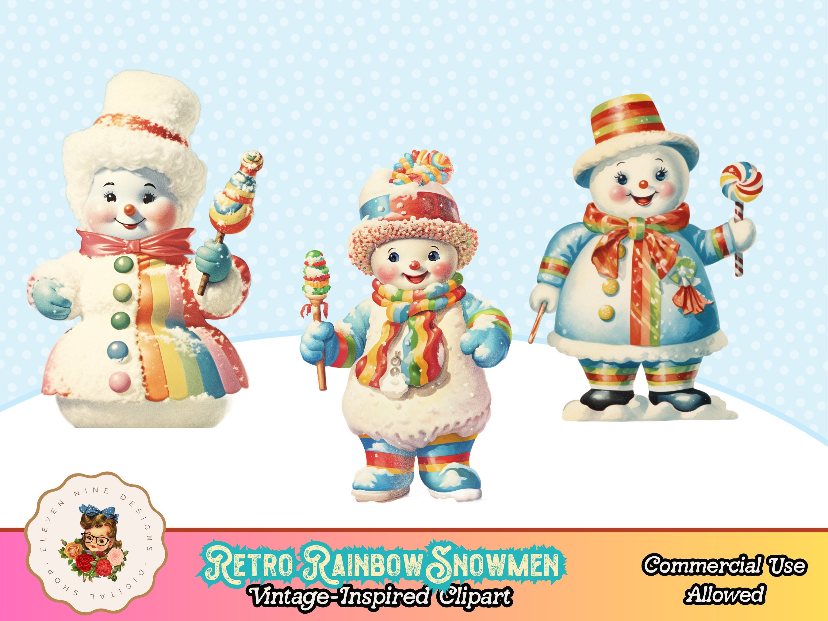 Snowmen Digital Clipart, Cute Rainbow Snowmen Clipart PNG, Retro ...