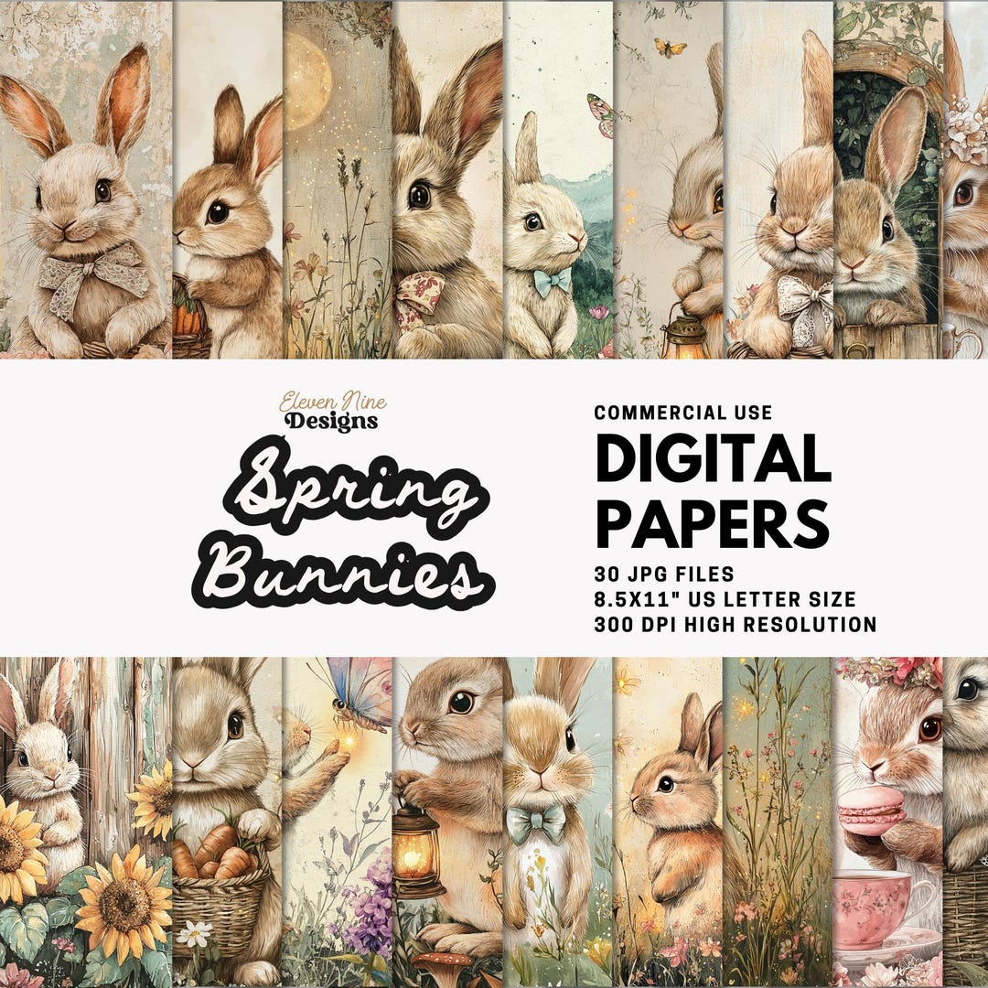 Neutral Spring Bunny Digital Paper Pack – 30 8.5x11” Jpgs, Vintage ...