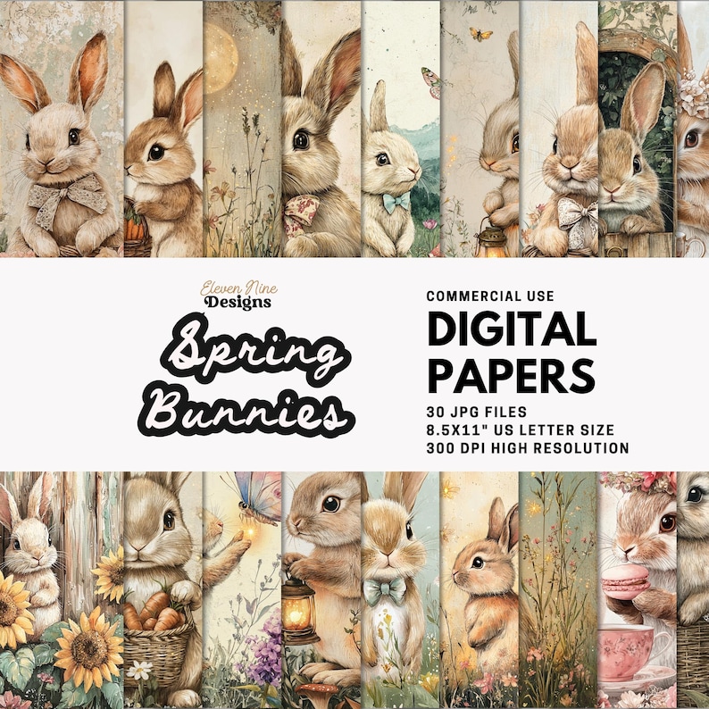 Neutral Spring Bunny Digital Paper Pack – 30 8.5x11” Jpgs, Vintage ...