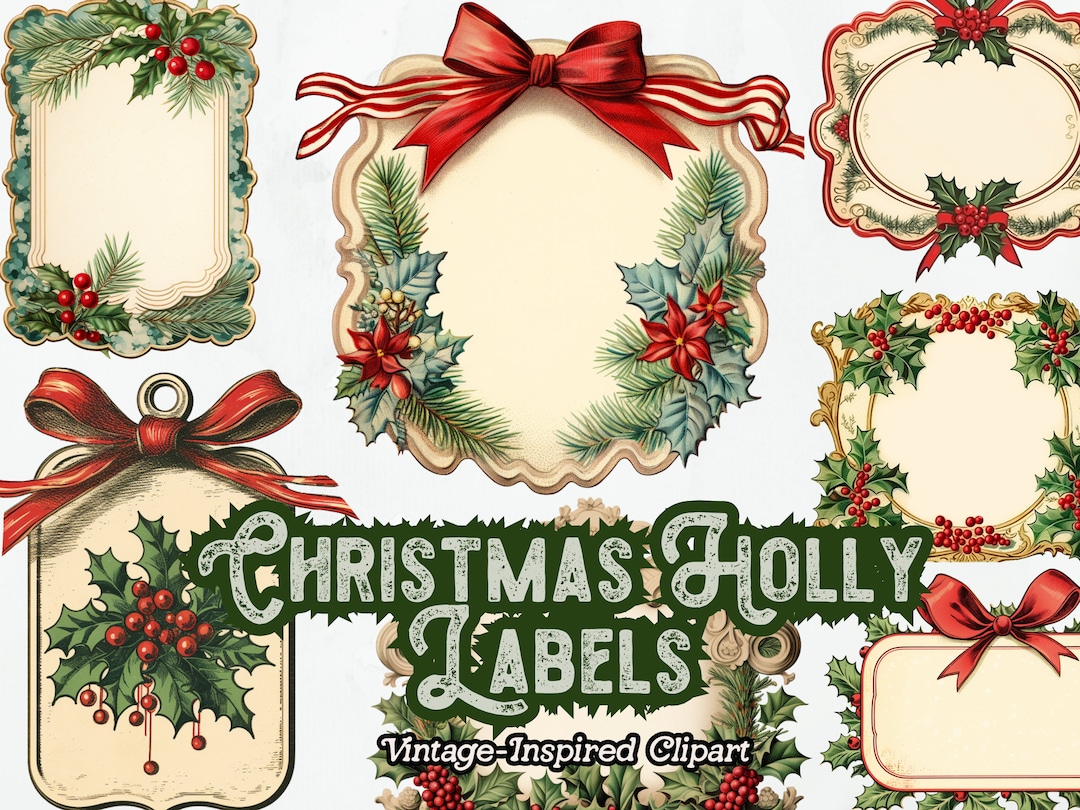 Christmas Labels Clipart, Christmas Holly PNG, Blank Gift Tags, Red and ...
