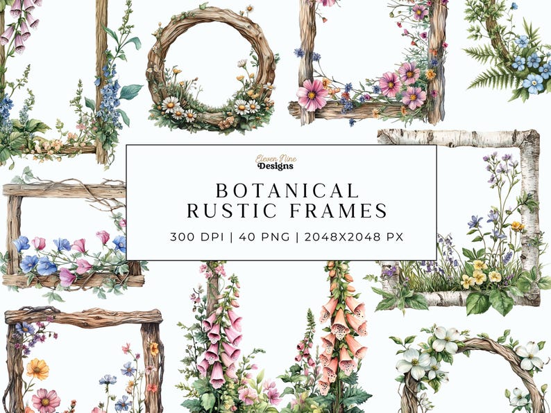 Botanical Rustic Frames Clipart, Woodland Floral Wildflower Frames PNG ...