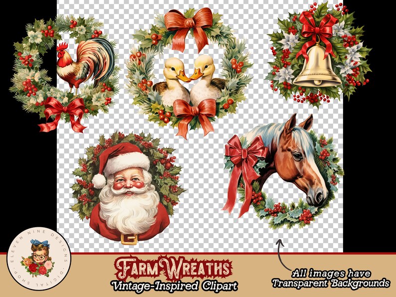 Vintage Christmas Farm Clipart, Christmas Farm Animal PNG, Farmhouse ...