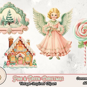 Vintage Christmas Clipart, Mint Green and Pink, Retro Pastel Christmas ...