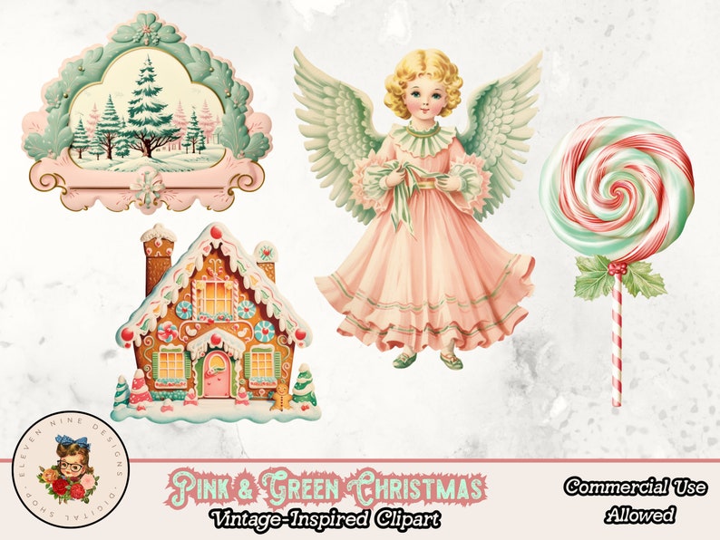 Vintage Christmas Clipart, Mint Green and Pink, Retro Pastel Christmas ...