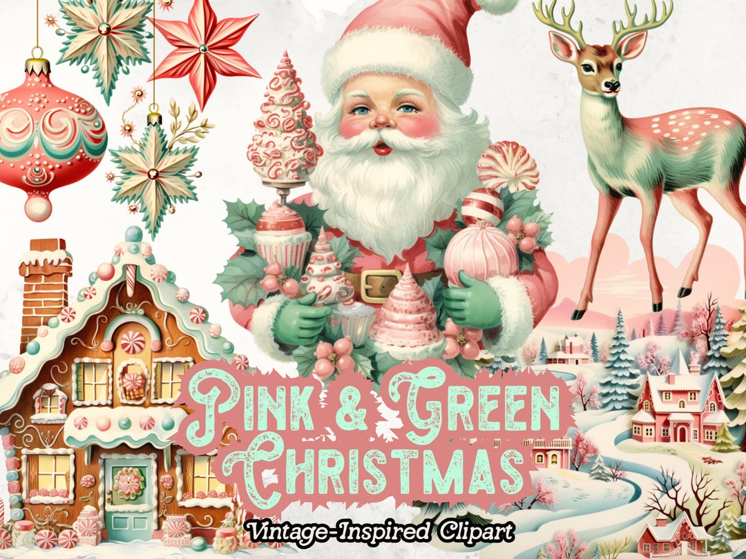 Vintage Christmas Clipart, Mint Green and Pink, Retro Pastel Christmas ...