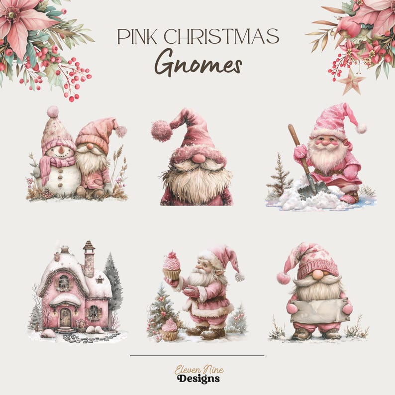 Pink Christmas Gnome Clipart, PNG Holiday Gnomes | Vintage-inspired ...