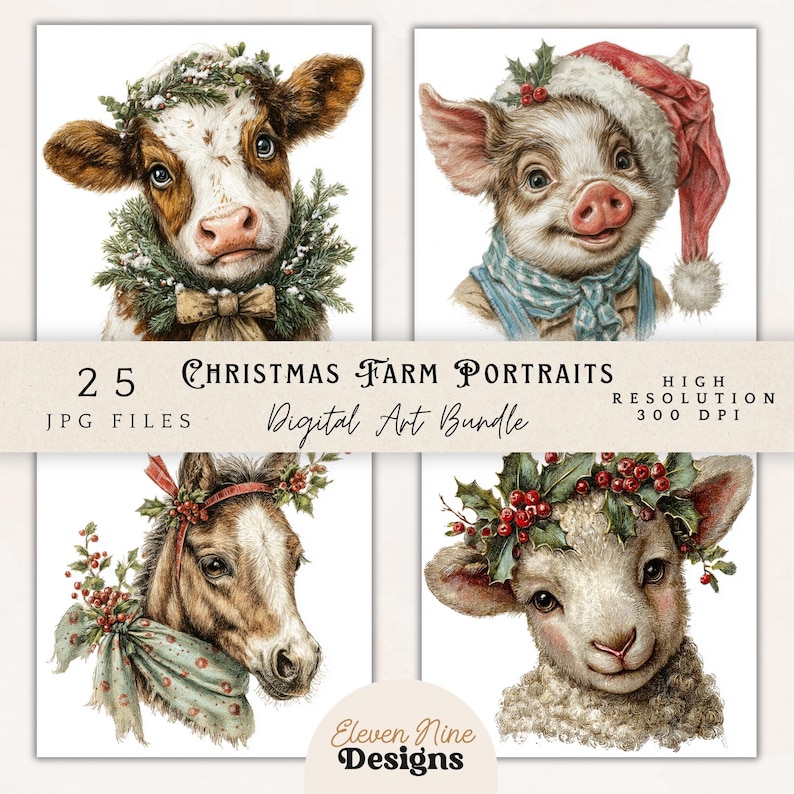 JPG Christmas Farm Clipart, Farm Animal Portraits, Holiday Barnyard Art ...