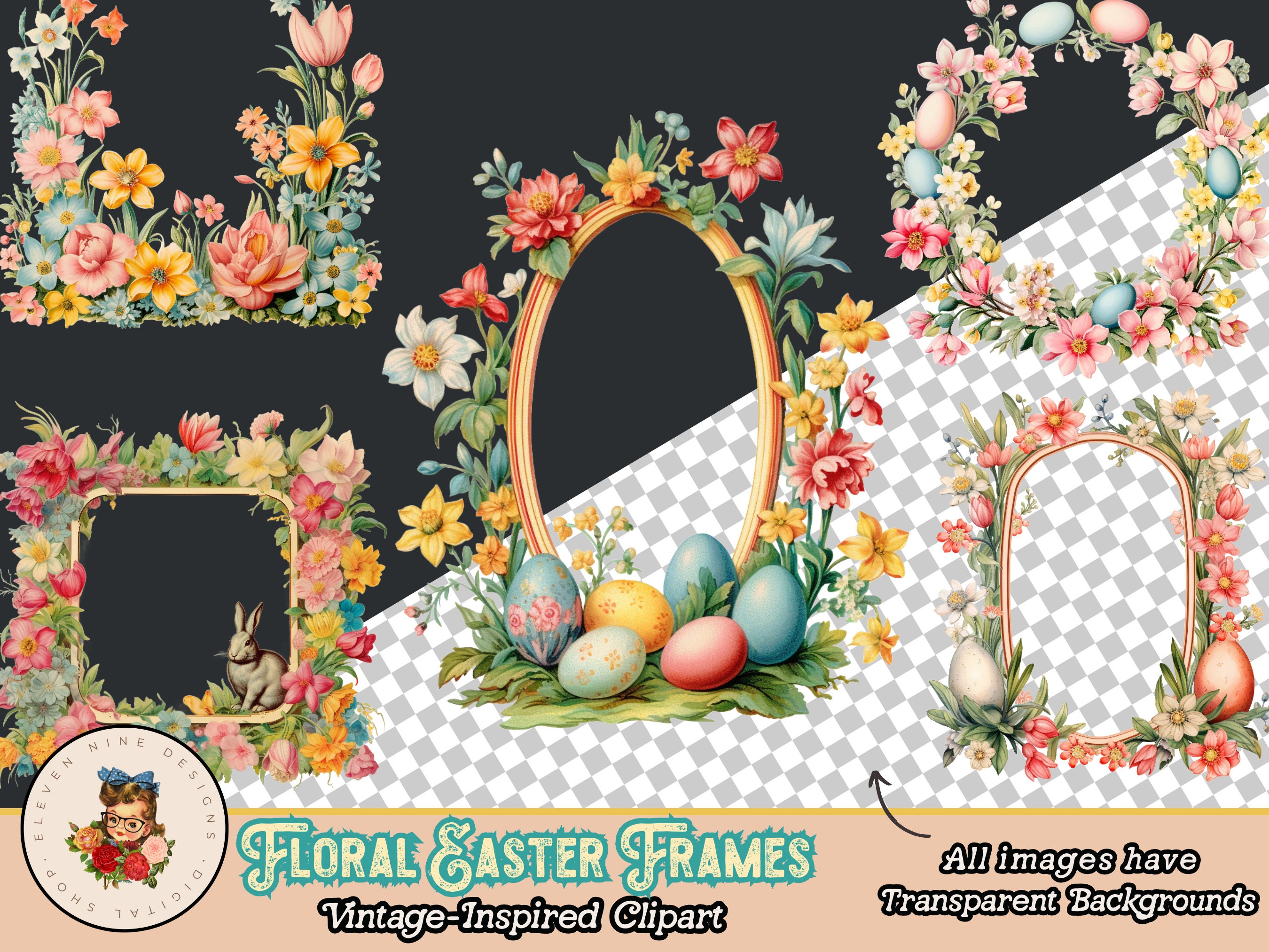 Floral Easter Frame Clipart, Easter Flowers PNG, Vintage Easter Clipart ...