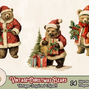 Christmas Bear Clipart, Teddy Bear PNG, Vintage Christmas Clipart, Cute ...
