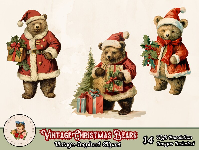 Christmas Bear Clipart, Teddy Bear PNG, Vintage Christmas Clipart, Cute ...