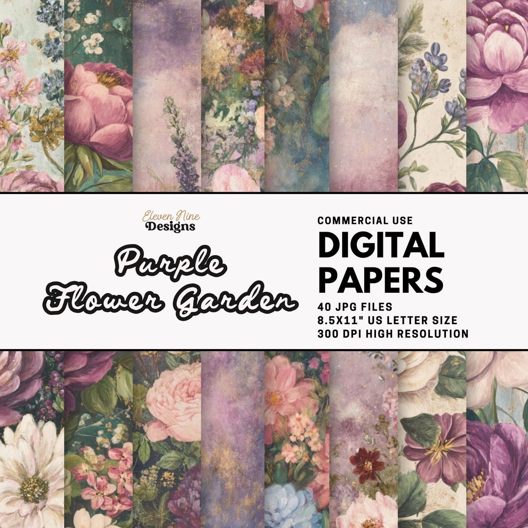 Purple Flower Garden Digital Paper | Vintage Floral Backgrounds | Junk ...