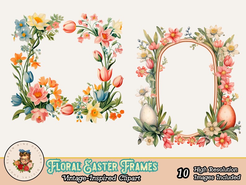 Floral Easter Frame Clipart, Easter Flowers PNG, Vintage Easter Clipart ...