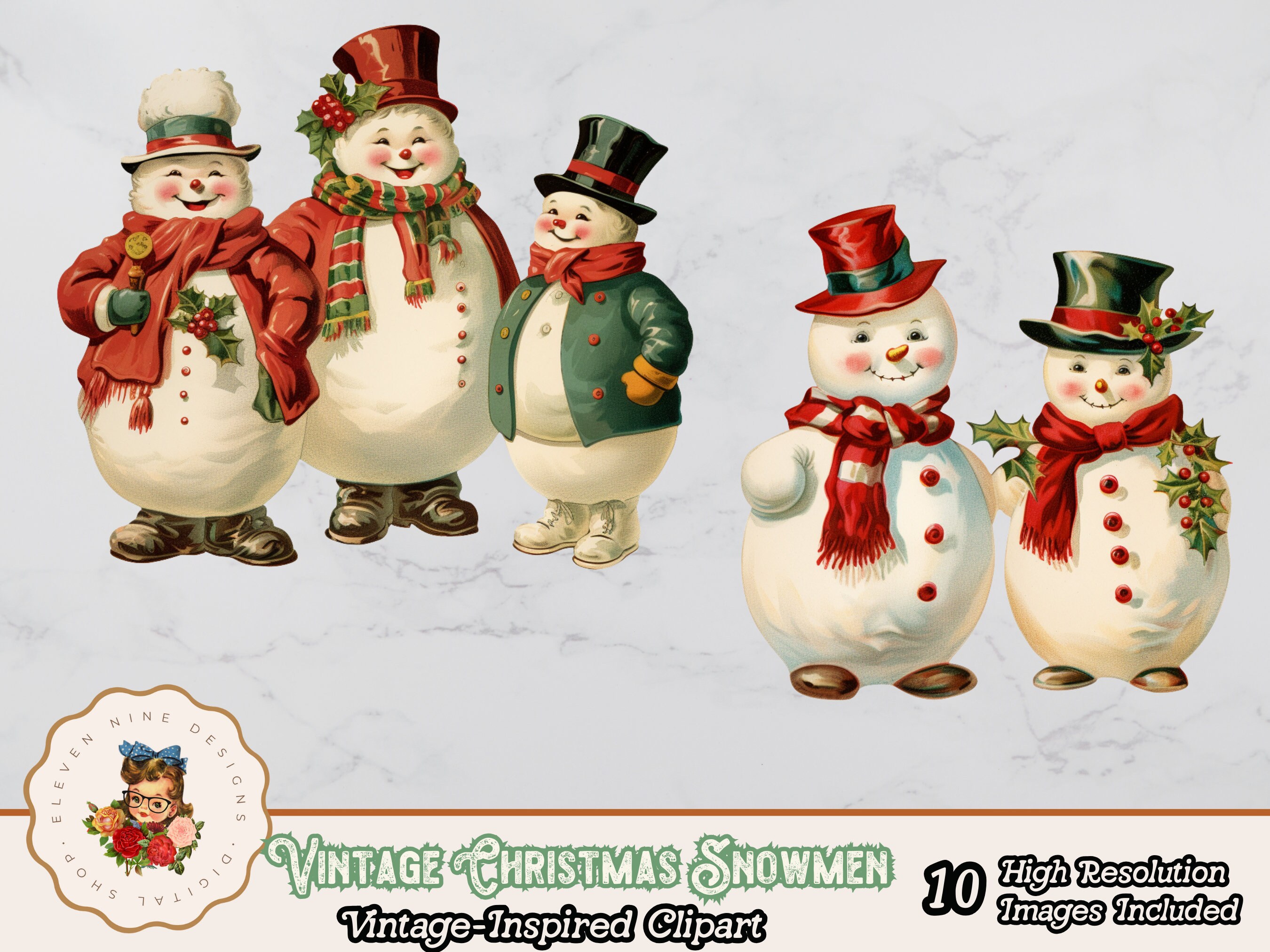 Christmas Snowmen Digital Clipart, Cute Snowmen Clipart PNG, Vintage ...