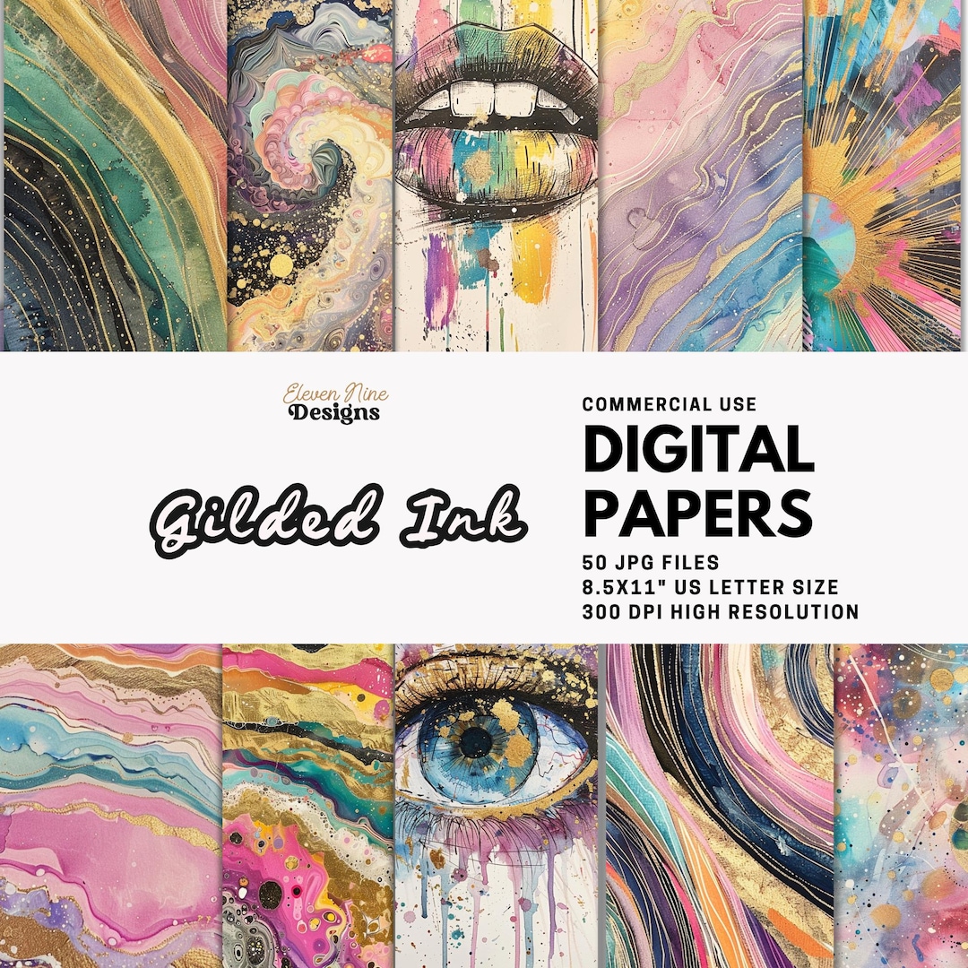Gilded Ink Digital Papers – Abstract Metallic Ink Backgrounds, Gold ...