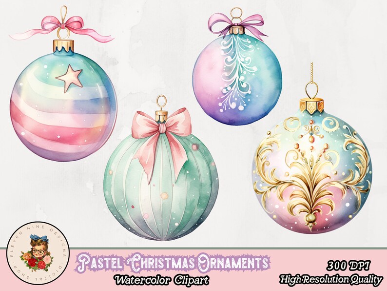 Watercolor Pastel Christmas Ornament Clipart, Pastel Christmas PNG ...