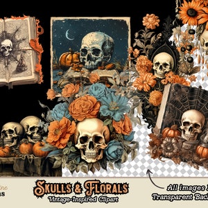 Floral Skull PNG Clipart, Orange Flowers Halloween Clipart, Gothic ...