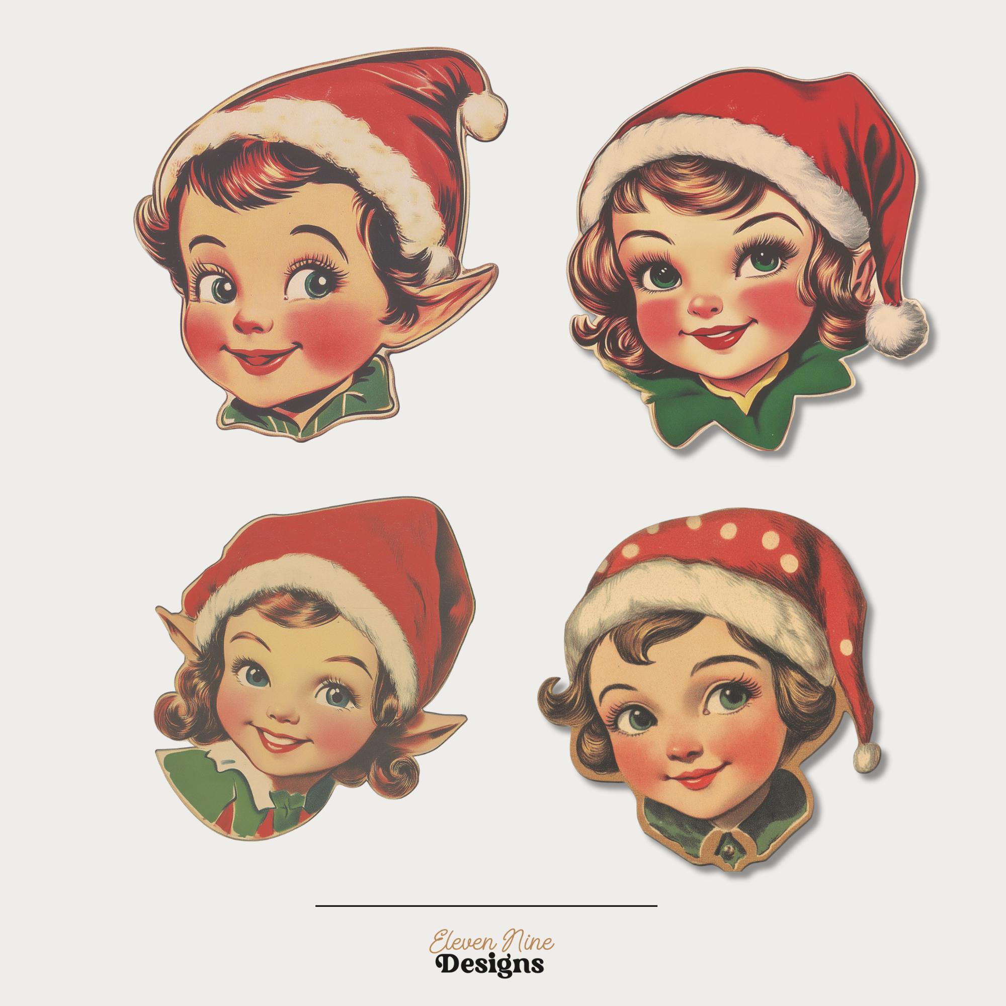 Vintage Christmas Elf Faces PNG Clipart, Elf Doll Heads Graphics, Retro ...
