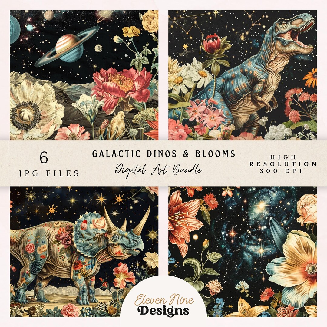 Floral Dinosaur Printable Digital Paper, Galaxy Desert Mixed Media Art ...