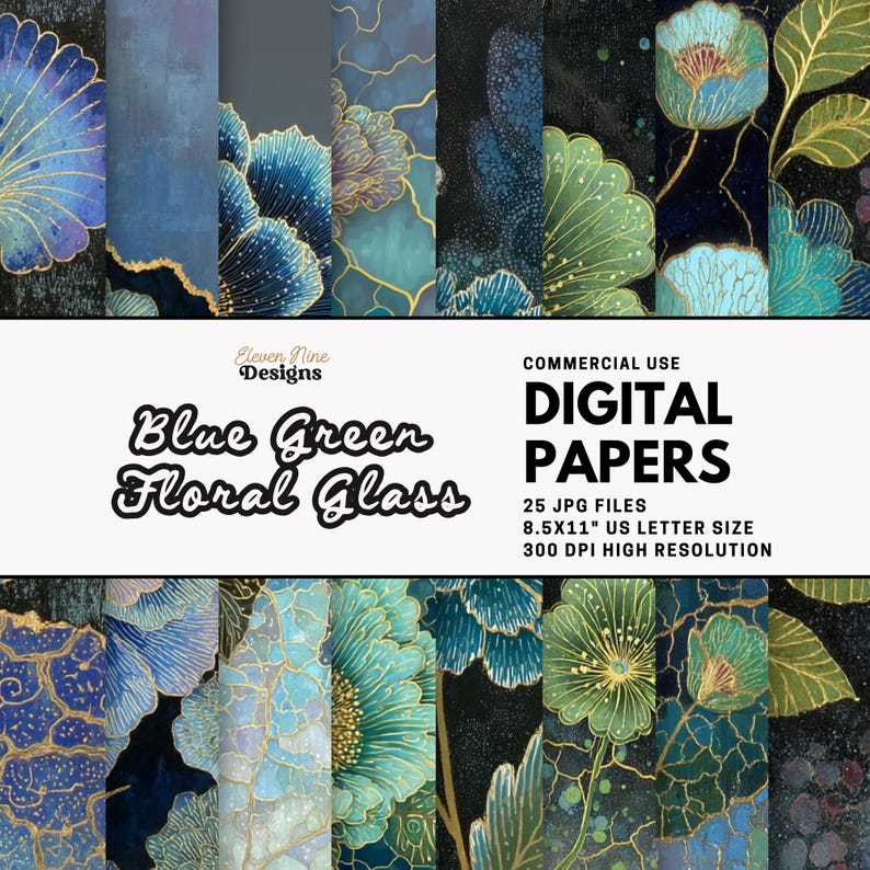 Blue Green Floral Digital Paper | Stained Glass Wildflowers Scrapbook ...