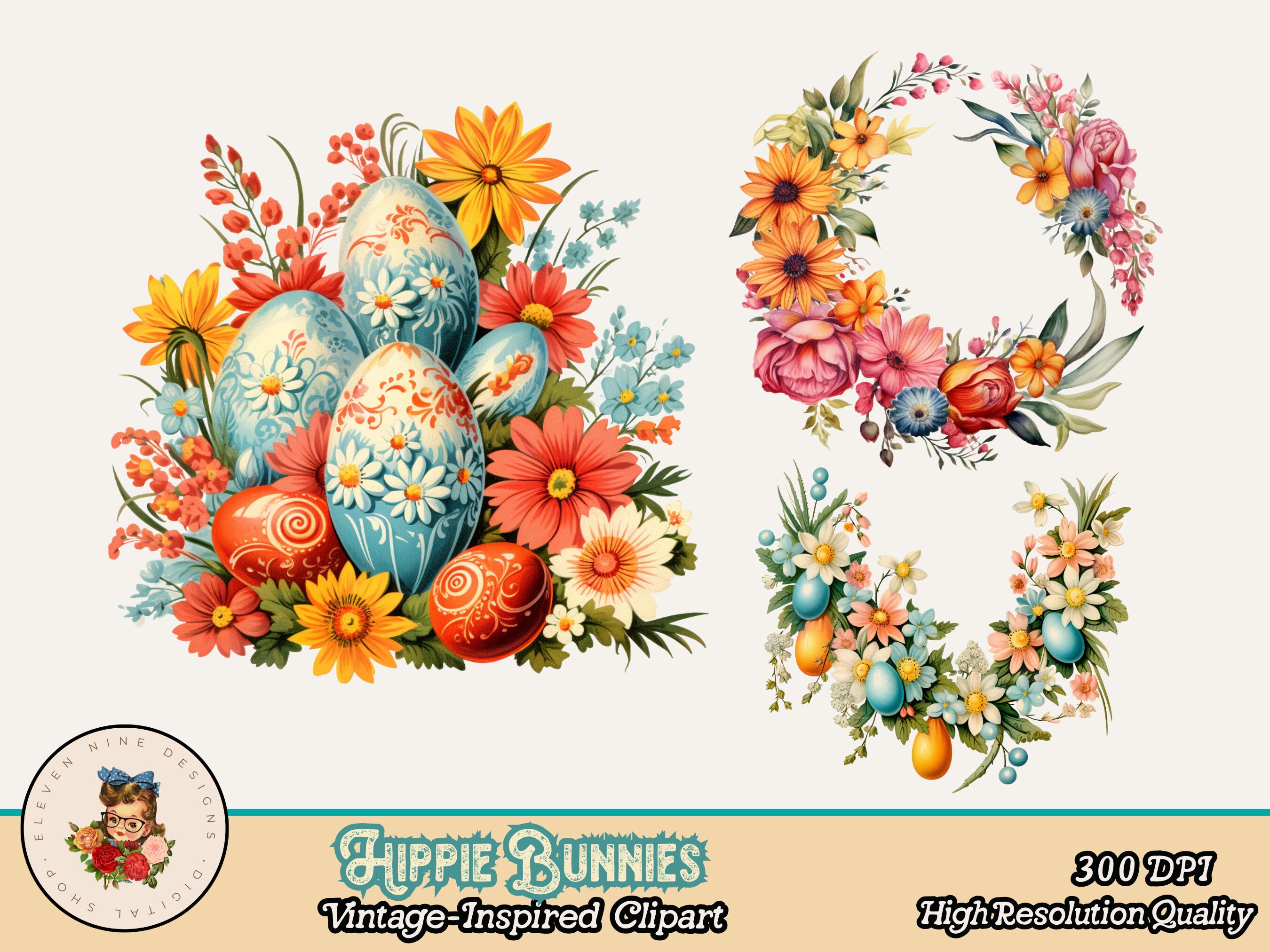 Retro Hippie Bunny Clipart, Hippie PNG, Retro 60's 70's Groovy Boho ...