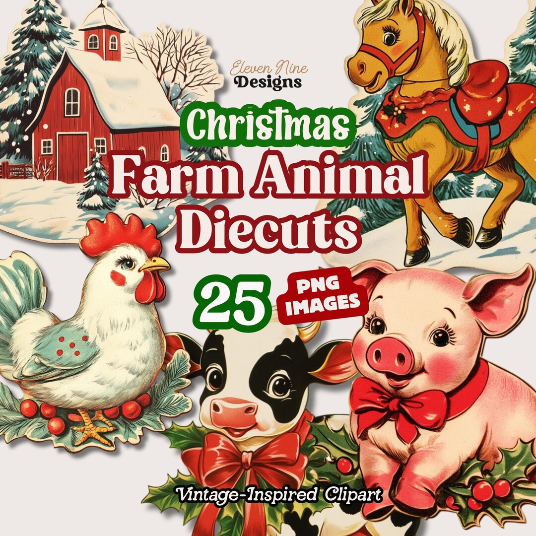 Christmas Farm Animals Clipart, Christmas Farm Diecut Graphics, Rustic ...