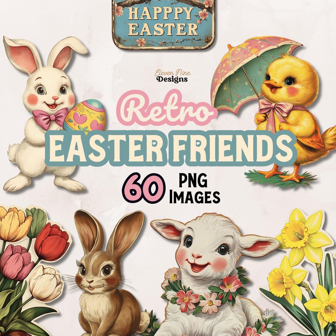 Retro Easter Clipart | PNG Vintage Easter Images | Cute Bunnies, Chicks ...