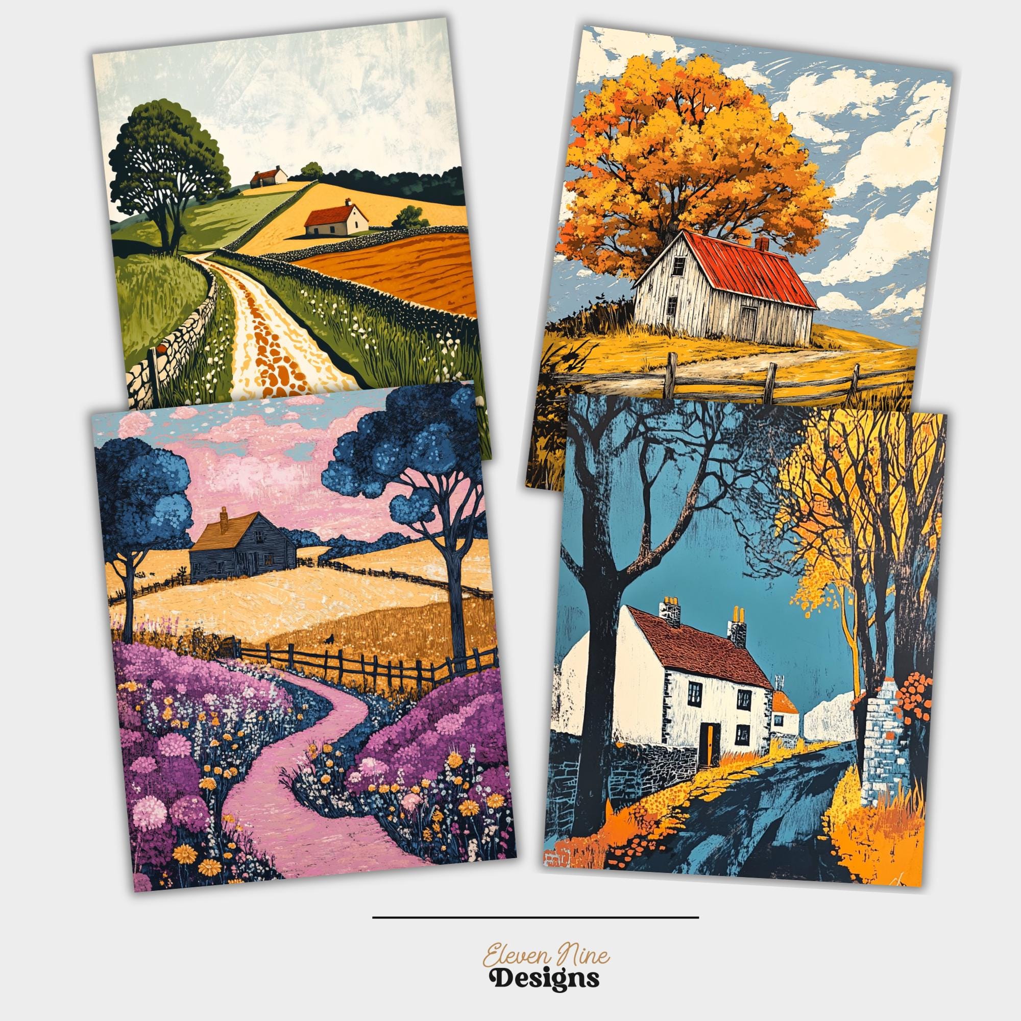Country Roads Digital Art Prints Bundle – Colorful Landscape Cottage ...