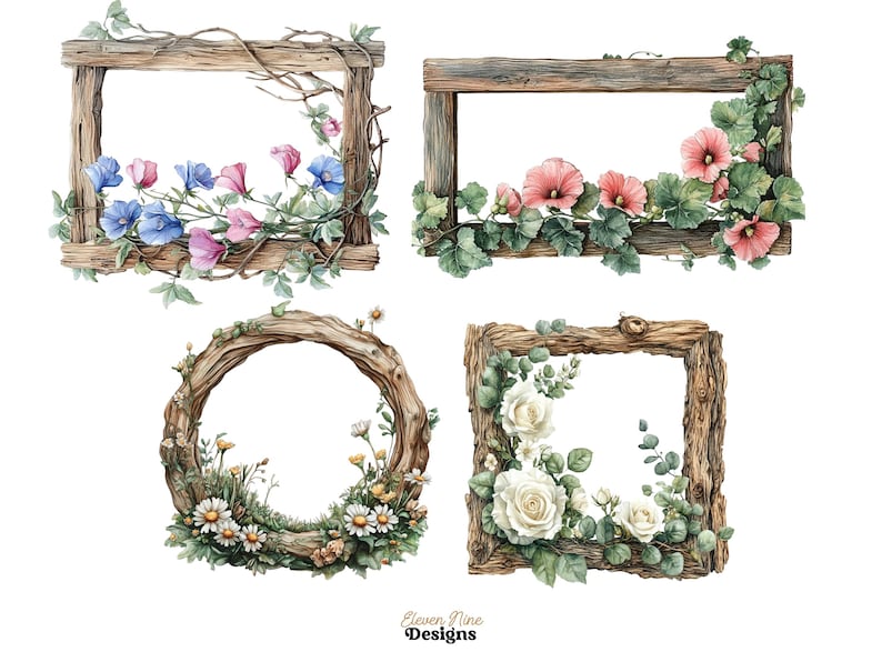 Botanical Rustic Frames Clipart, Woodland Floral Wildflower Frames PNG ...