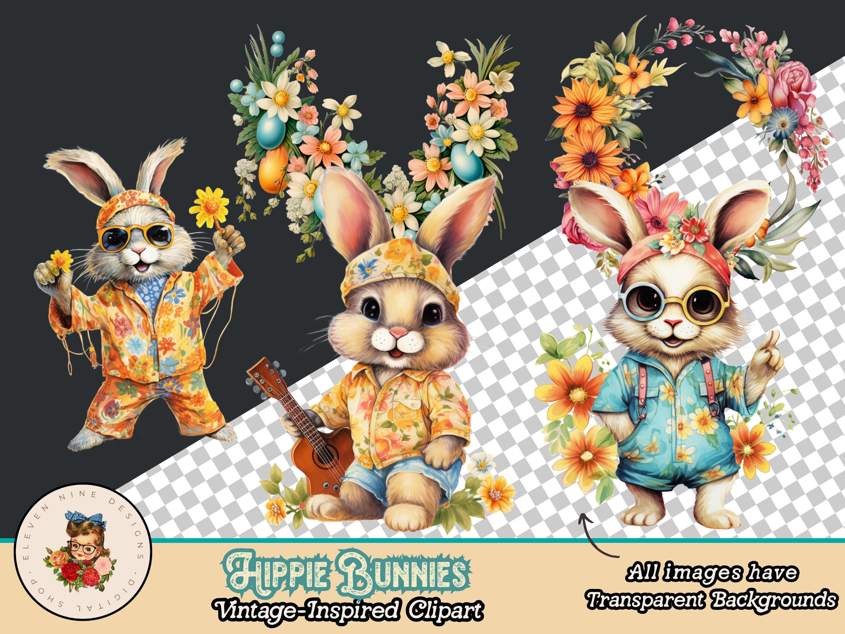 Retro Hippie Bunny Clipart, Hippie PNG, Retro 60's 70's Groovy Boho ...